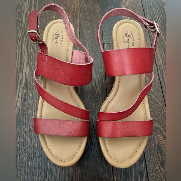 G.H. Bass & Co. | Shoes | Bass Strappy Red Leather Wedge Sandals Size ...
